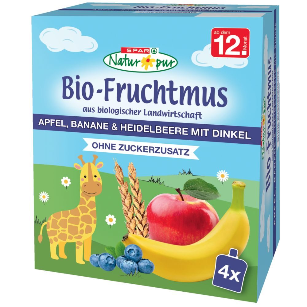 SPAR Natur*pur Bio-Fruchtmus Apfel Banane, Heidelbeere mit Dinkel 360 G ...
