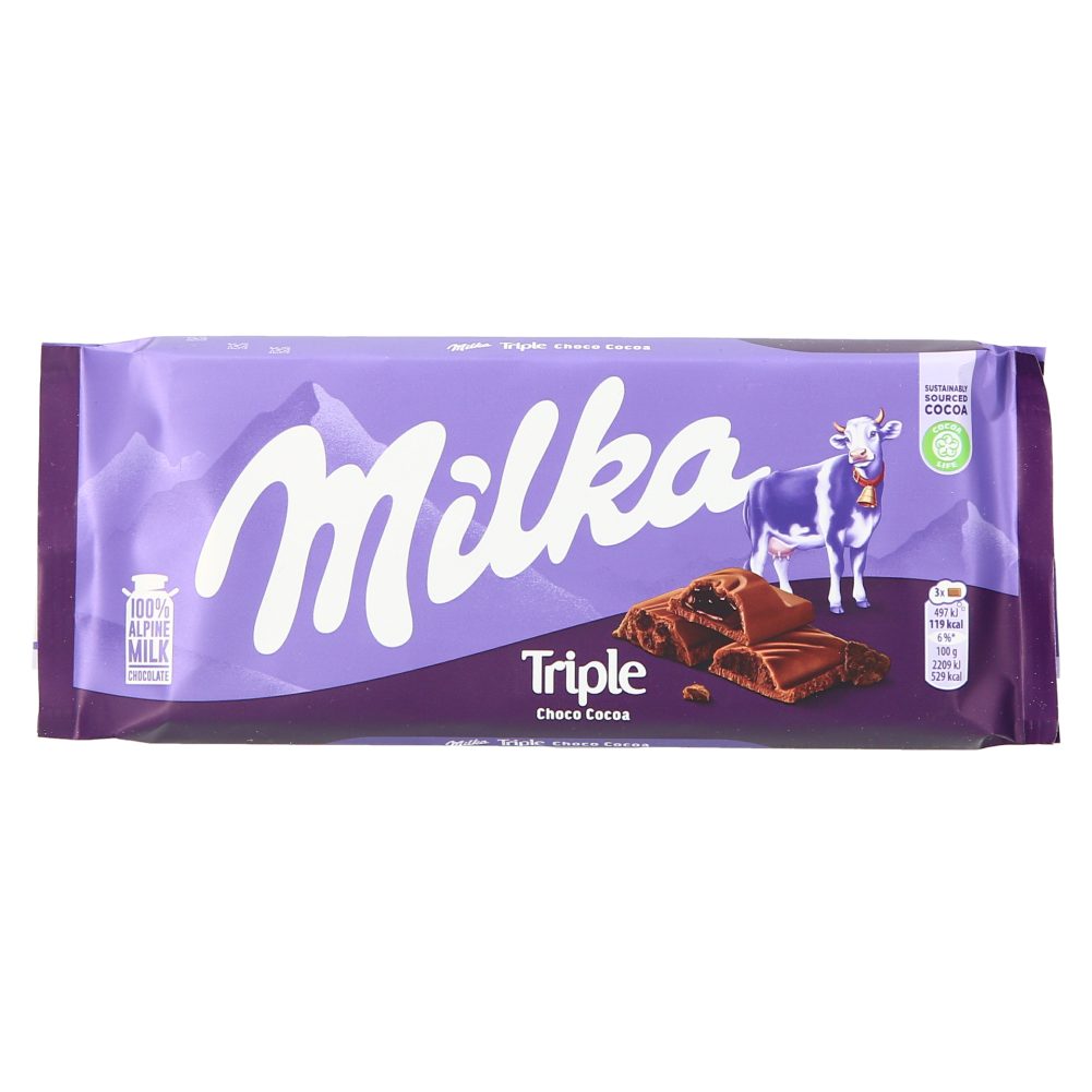 MLEČNA ČOKOLADA TRIPLE CHOCO COCOA, MILKA, 90G Mlečna čokolada vsebuje ...