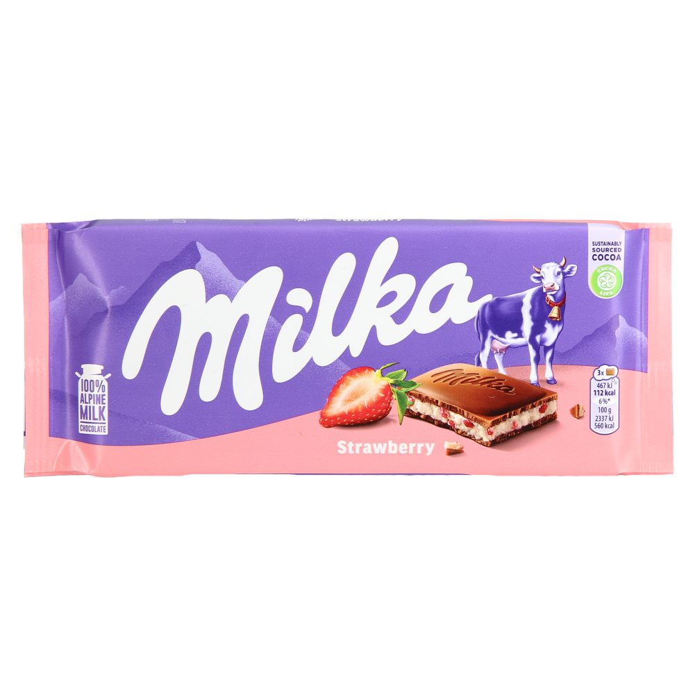 ČOKOLADA JAGODA IN JOGURT MILKA, 100G Mlečna čokolada vsebuje najmanj ...