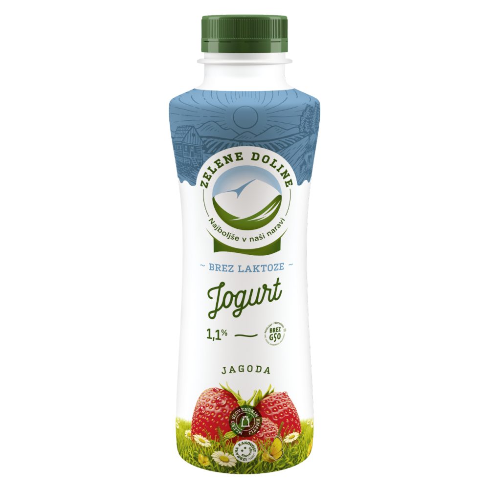 TEKOČI JOGURT JAGODA 1,1% M.M. BREZ LAKTOZE, ZELENE DOLINE, 500G - blag in osvežilen sadni okus ...