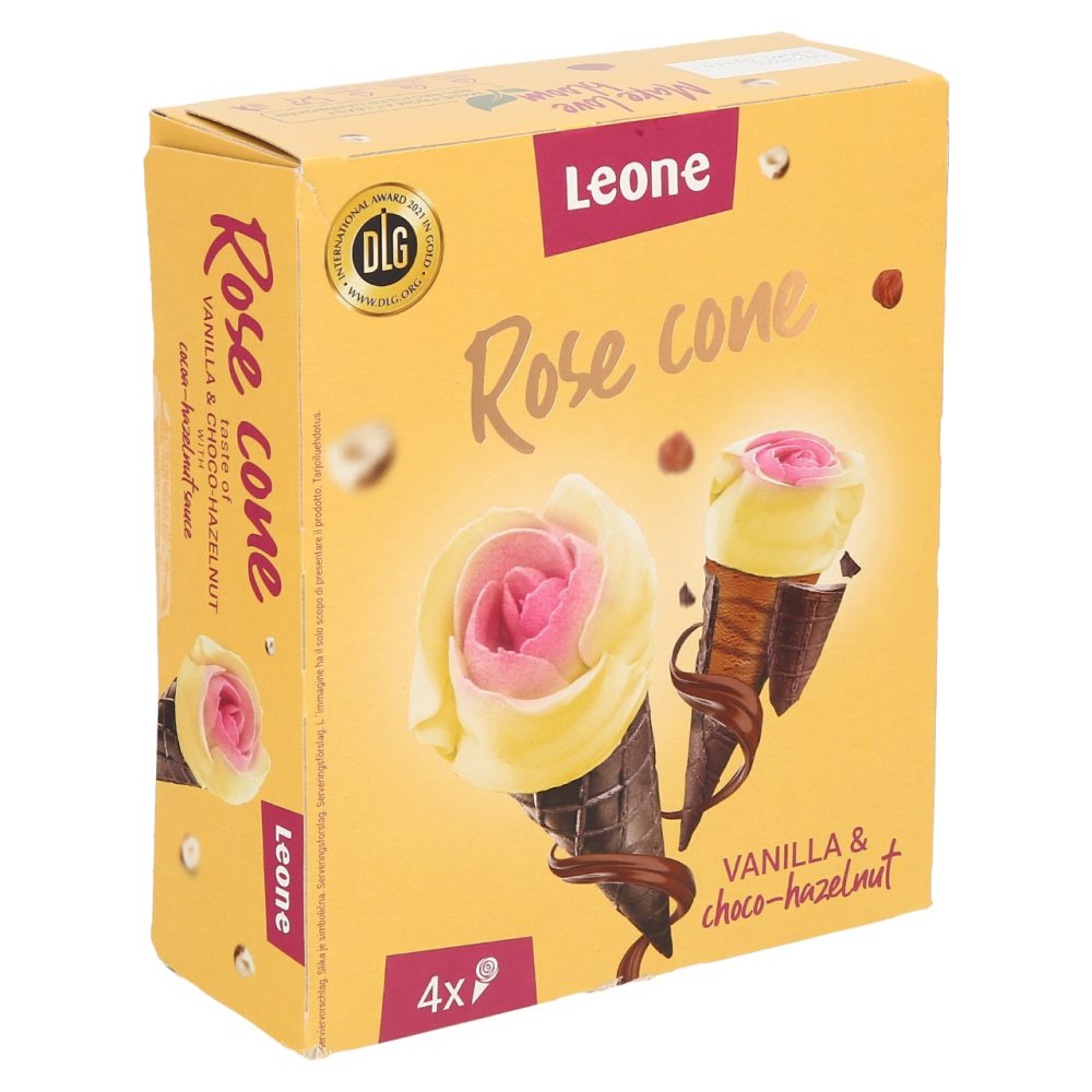 SLADOLED KORNETI VANILIJA IN NOUGAT ROSE CONE, LEONE, 4X130ML | SPAR Online