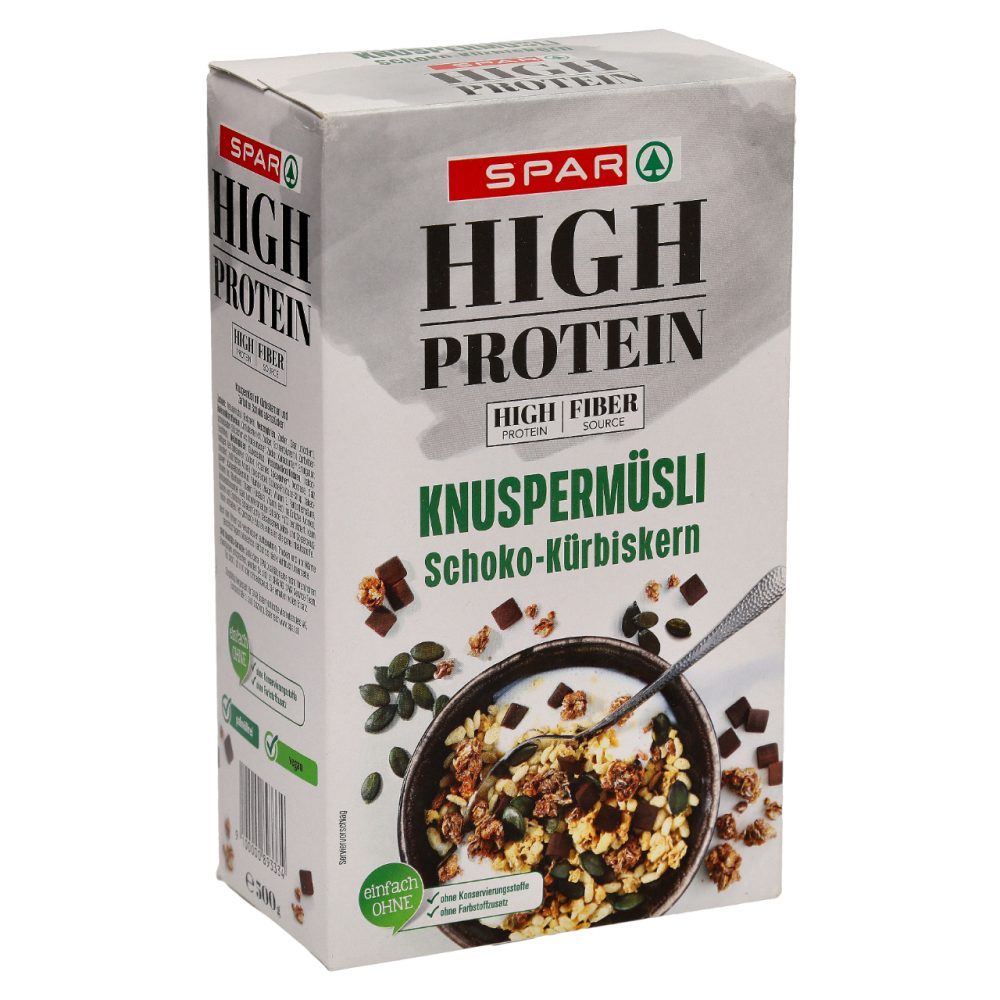 HRUSTLJAVI MÜSLI ČOKOLADA IN BUČNA SEMENA HIGH PROTEIN, SPAR, 500G ...