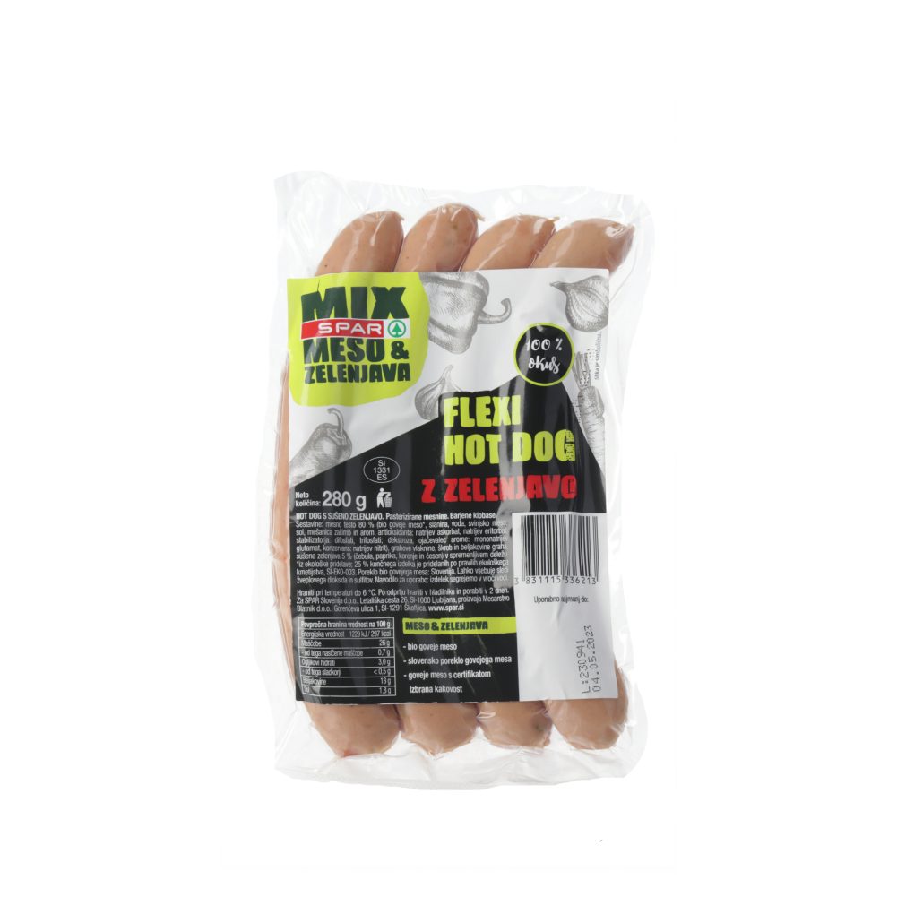 FLEXI HOT DOG Z ZELENJAVO MIX MESO & ZELENJAVA, SPAR, 280G 25% končnega ...