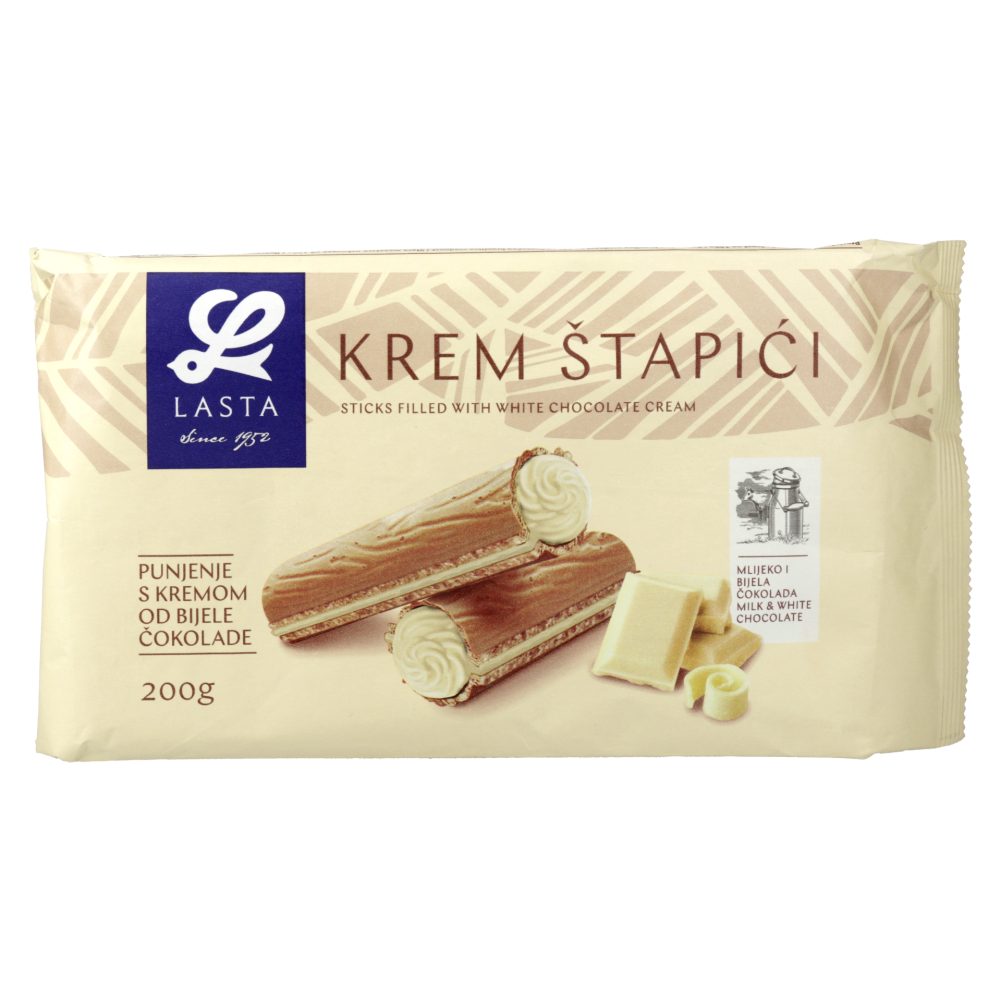 HRUSTLJAVE VAFELJ PALČKE Z BELO ČOKOLADO, LASTA, 200G Okusite zapeljivo ...